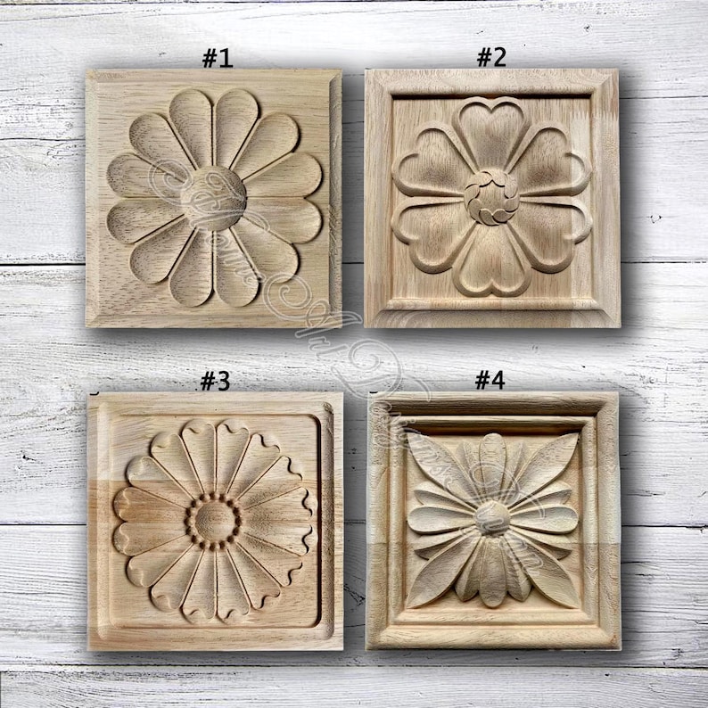 1 Piece Square Rosettes Applique Onlay, Unpainted Wood Carved Applique ...