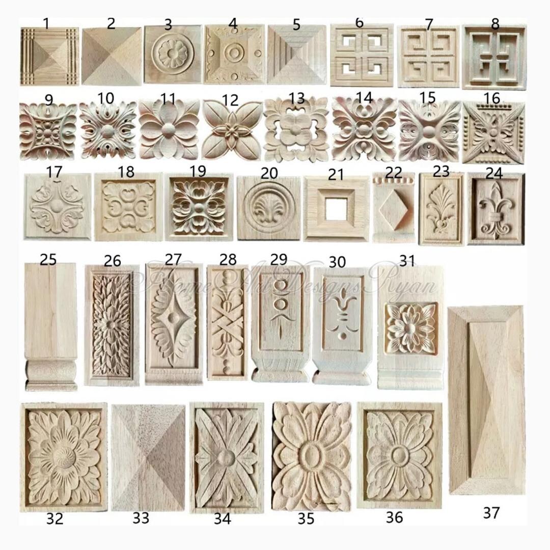 1 Piece Square Rectangle Rosettes Applique Onlay, Unpainted Wood Carved ...