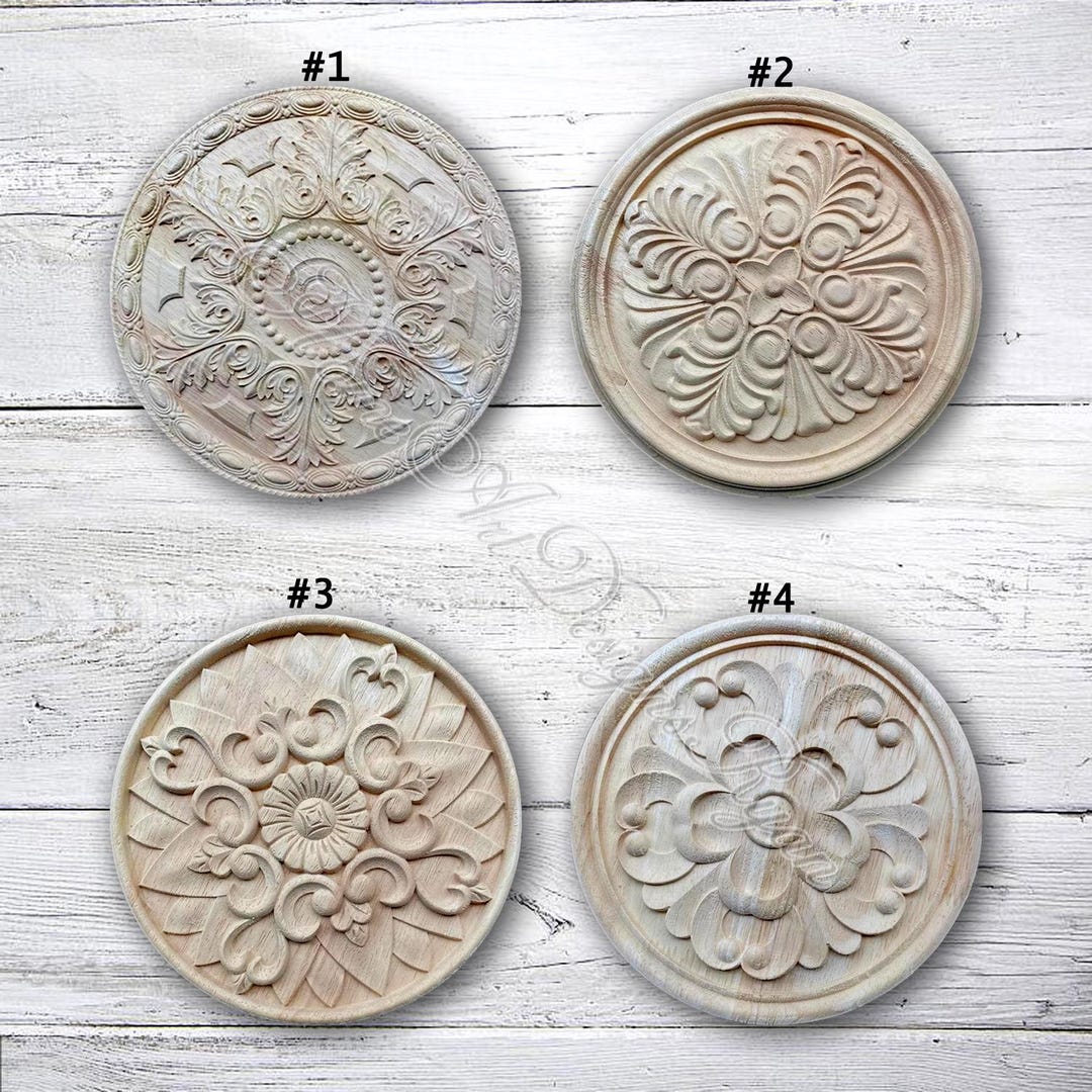 1 Piece Round Rosettes Applique Onlay, Unpainted Wood Carved Applique ...
