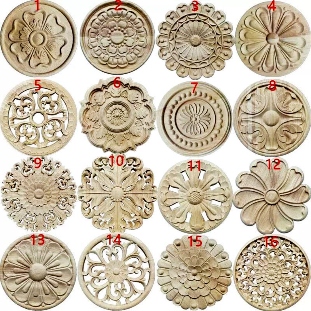1 Piece Round Rosettes Applique Onlay, Unpainted Wood Carved Applique ...