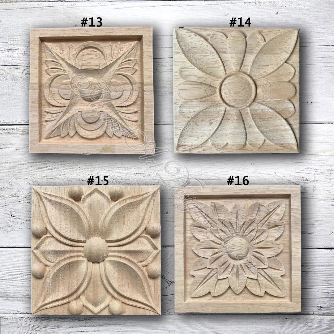 1 Piece Square Rosettes Applique Onlay, Unpainted Wood Carved Applique ...