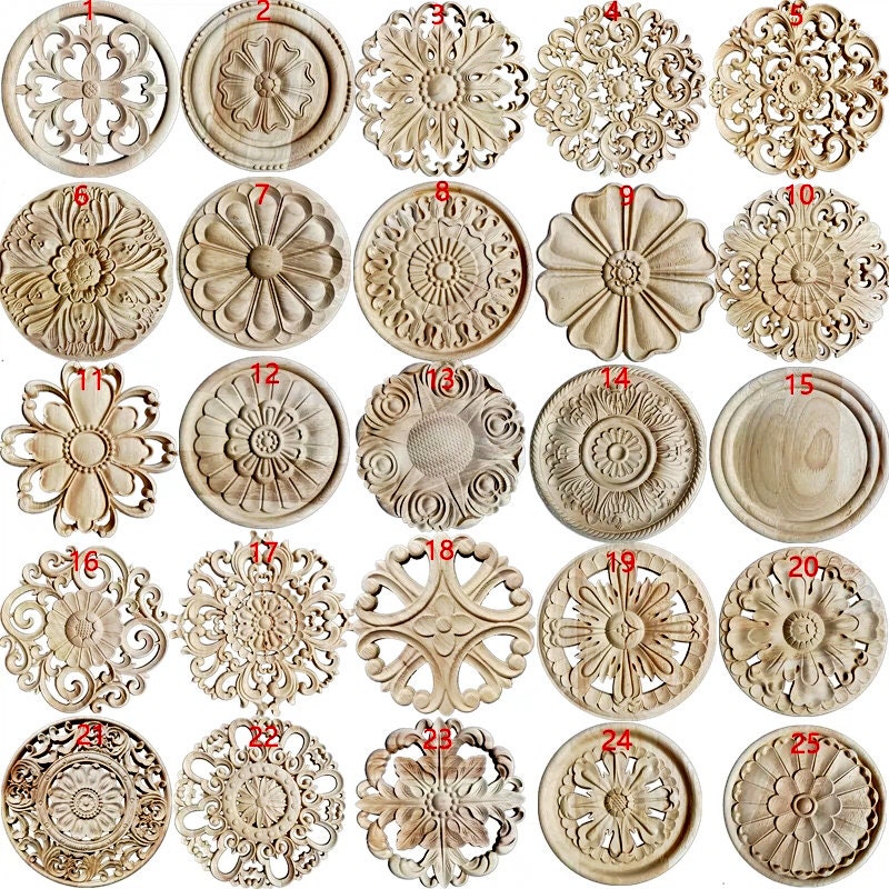 1 Piece Round Rosettes Applique Onlay, Unpainted Wood Carved Applique ...