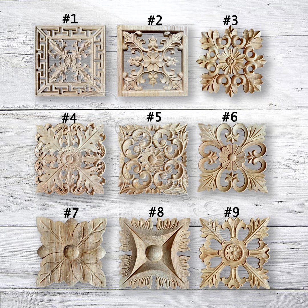 Square Hollow Carving Rosettes Applique Onlay, Unpainted Wood Carved ...