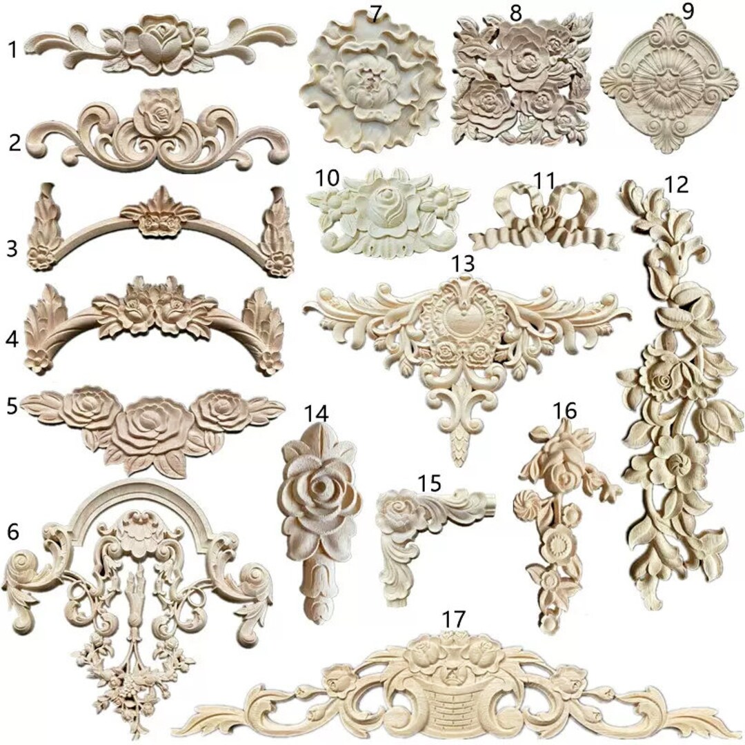 1 Piece Unpainted Wood Carved Applique Onlay, Home Wall Embellishments ...