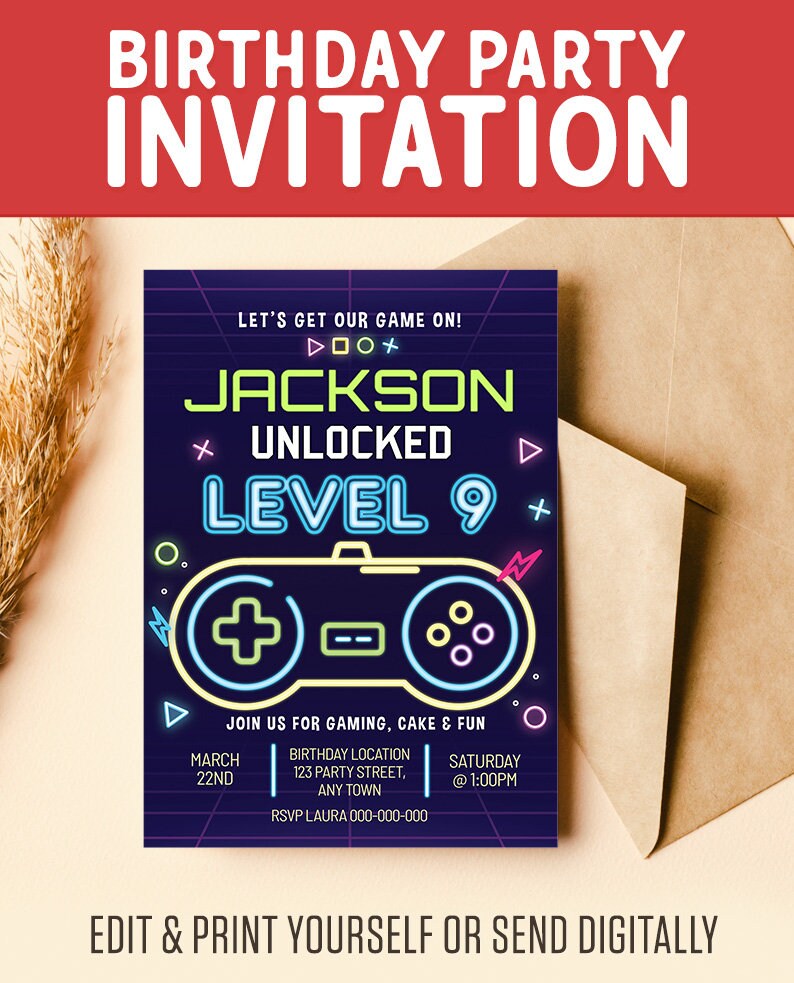 Video Game Level 9 Unlocked Birthday Invitation 9 Year Old Video Gamer ...