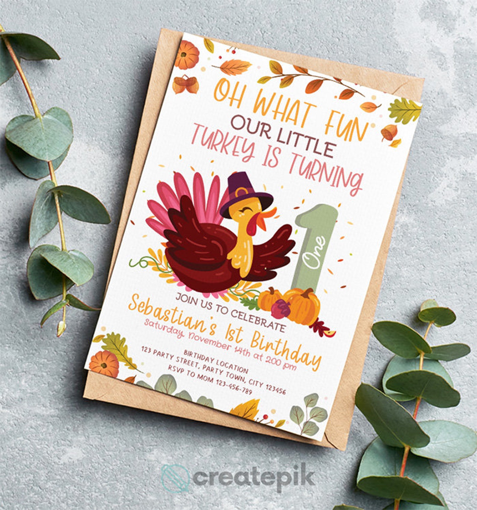 Turkey Birthday Invitation, Our Little Turkey is One, Thanksgiving ...