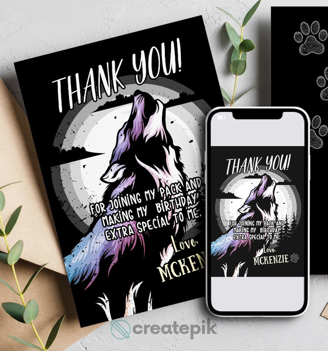 Howling Wolf Birthday Thank You Invitation, Printable Digital Editable ...