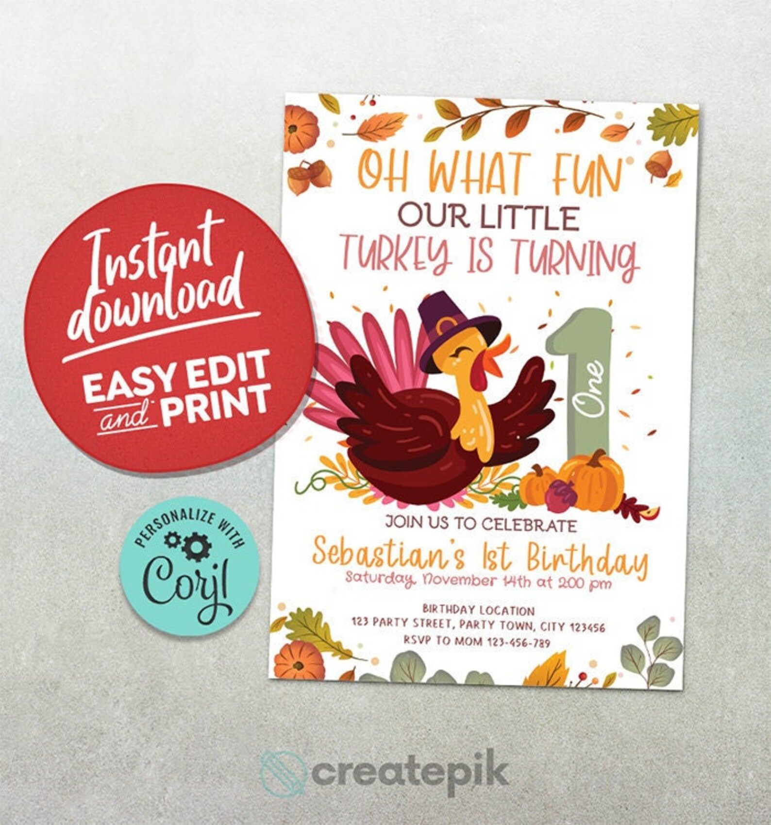 Turkey Birthday Invitation, Our Little Turkey is One, Thanksgiving ...