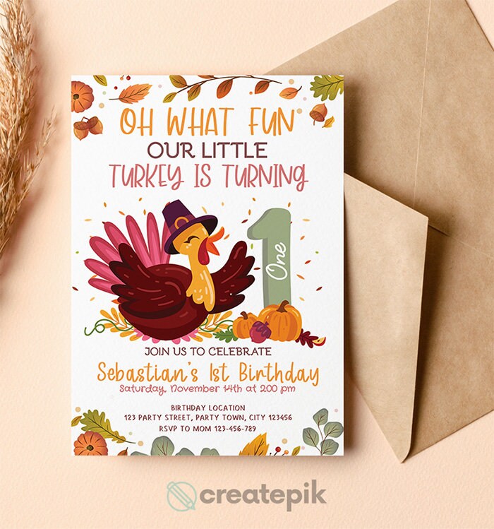 Turkey Birthday Invitation, Our Little Turkey is One, Thanksgiving ...