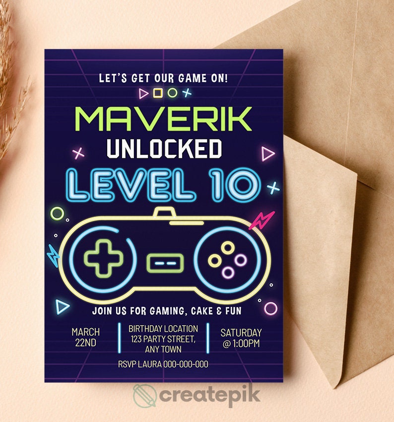 Video Game Level 10 Unlocked Birthday Invitation 10 Year Old Video ...