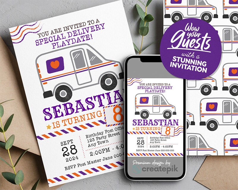 Editable Mail Truck Birthday Party Mailman Invitation Post Office Mail ...