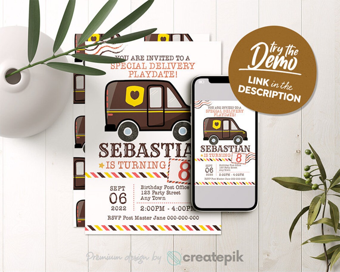 Editable Mail Truck Birthday Invitation Post Office Birthday Party UPS ...