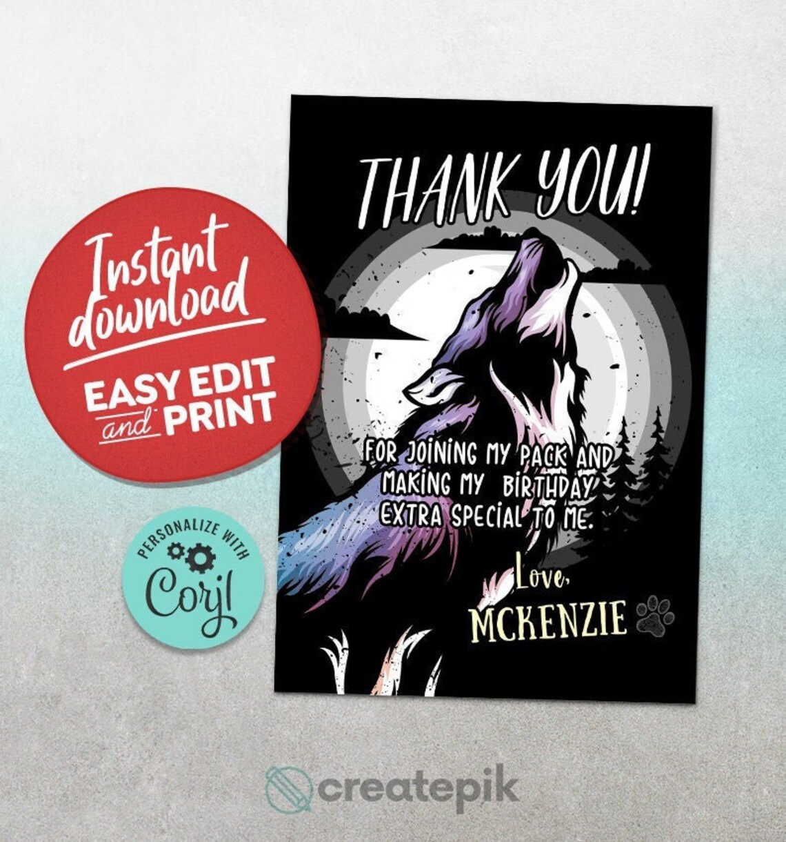 Howling Wolf Birthday Thank You Invitation, Printable Digital Editable ...