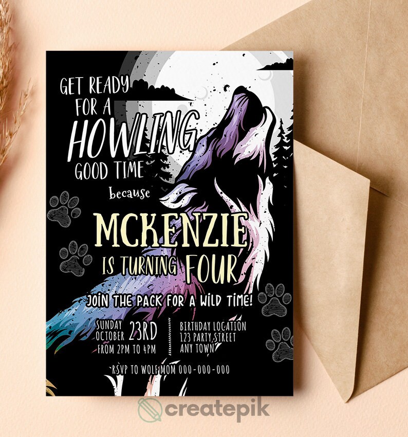 Howling Wolf Birthday Invitation, Printable Digital Editable Invitation ...