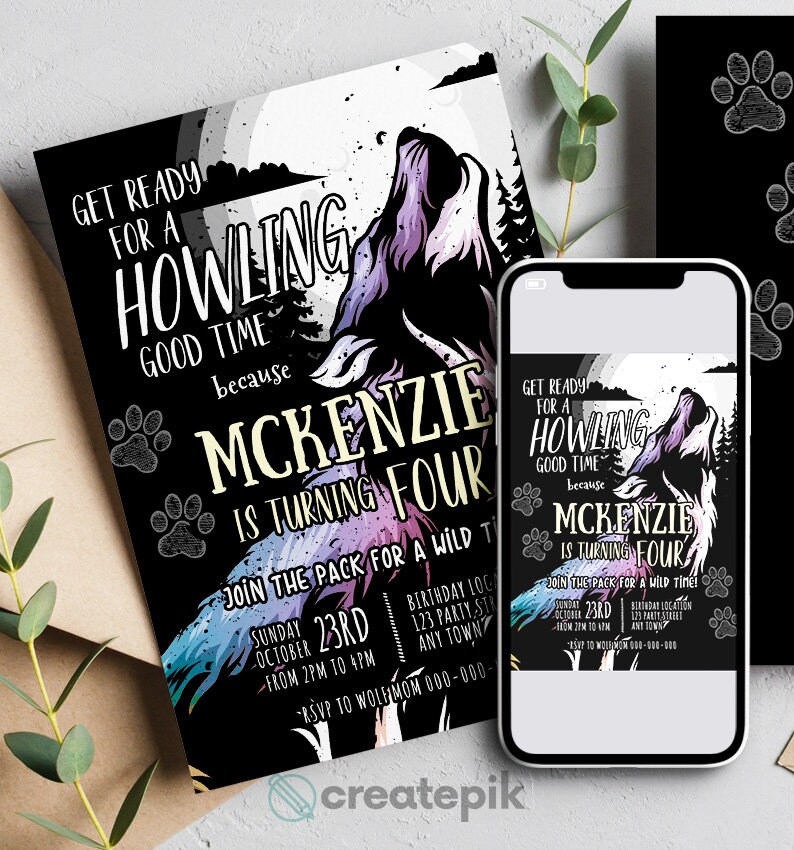Howling Wolf Birthday Invitation, Printable Digital Editable Invitation ...