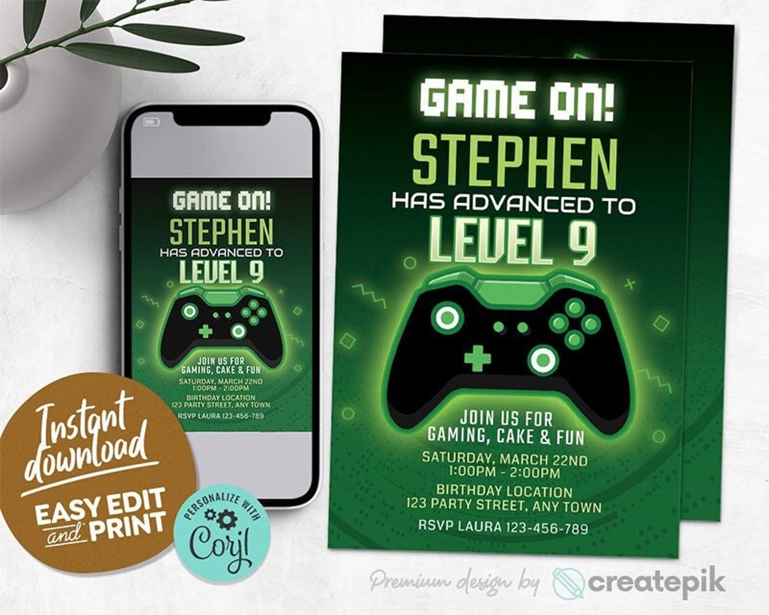 9 Year Old Gamer Party Invite, Video Game Birthday, Level 9 Reached ...