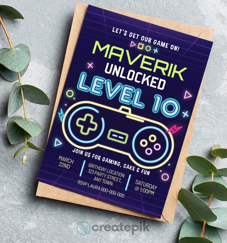 Video Game Level 10 Unlocked Birthday Invitation 10 Year Old Video ...