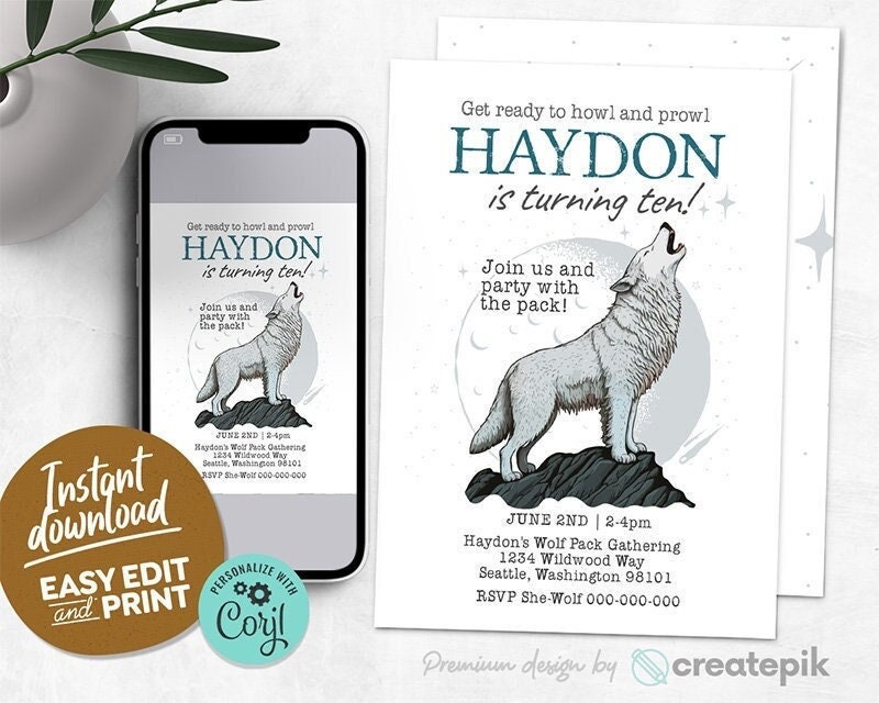 Wolf Birthday Party Invitation, Wolf Theme Birthday Party Invites ...