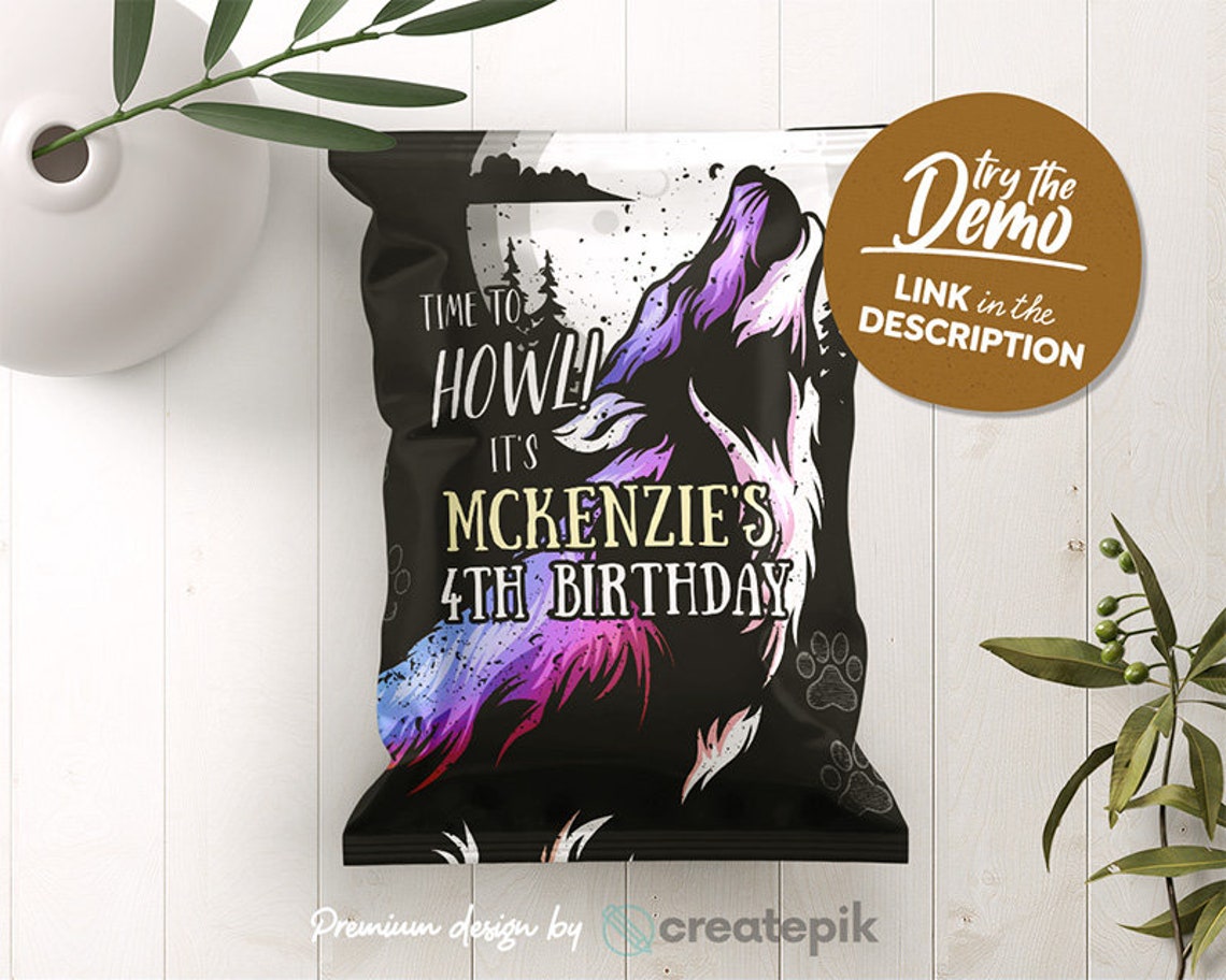Howling Wolf Birthday Party Chip Bags, Editable Wolf Party Favors ...