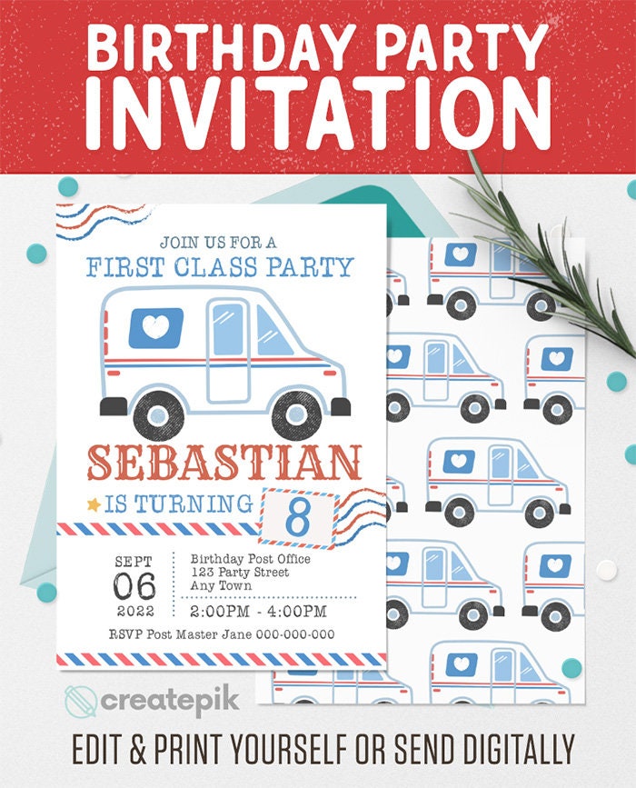 Editable Mail Truck Birthday Party Mailman Invitation Post Office Usps ...