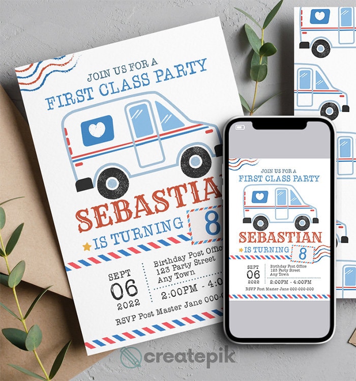 Editable Mail Truck Birthday Party Mailman Invitation Post - Etsy