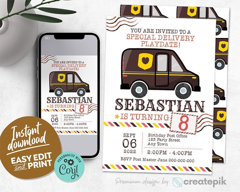 Editable Mail Truck Birthday Invitation Post Office Birthday Party UPS ...