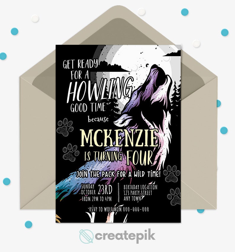 Howling Wolf Birthday Invitation, Printable Digital Editable Invitation ...