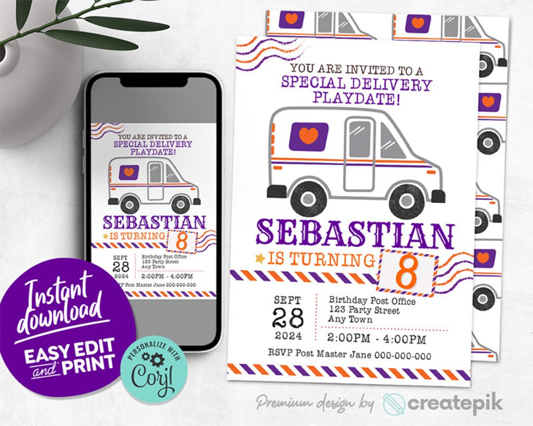 Editable Mail Truck Birthday Party Mailman Invitation Post Office Mail ...