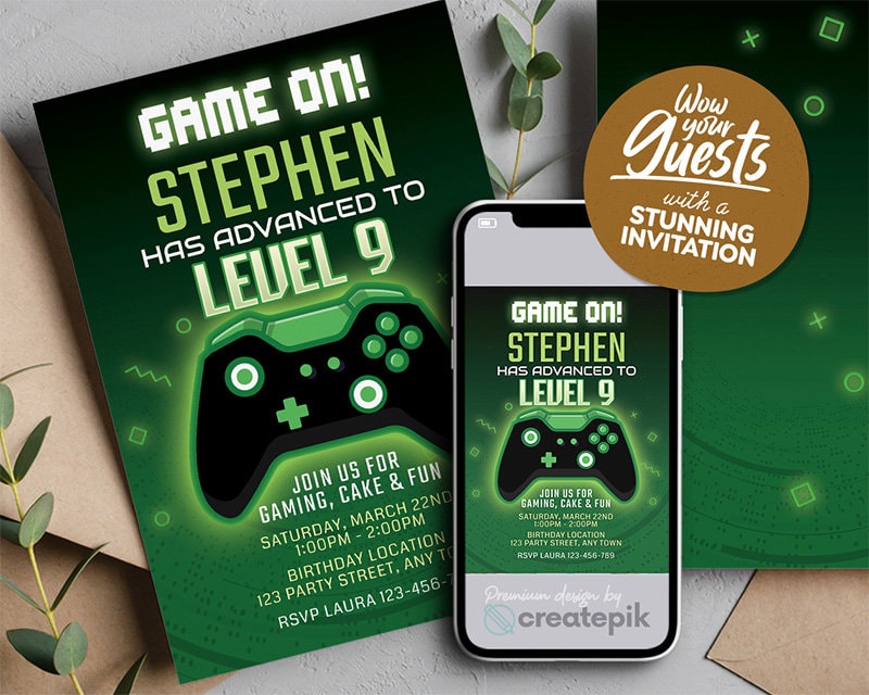 9 Year Old Gamer Party Invite, Video Game Birthday, Level 9 Reached ...