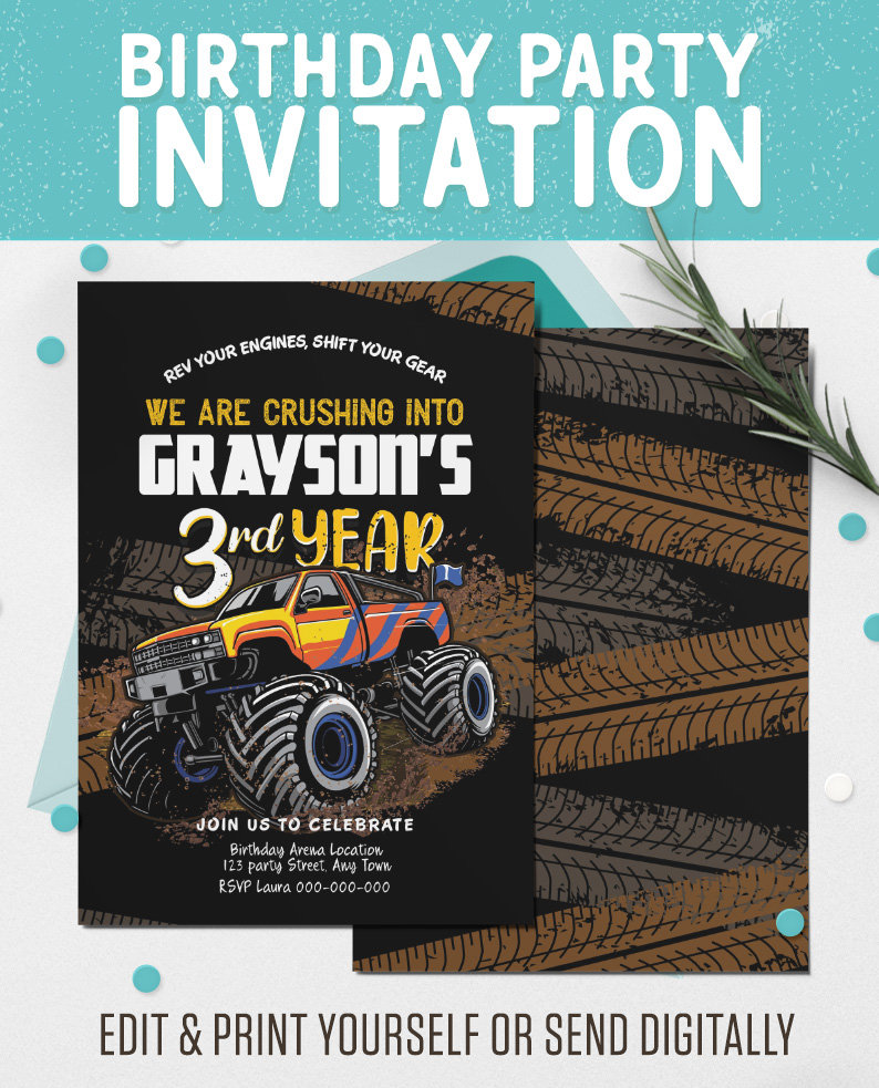 Monster Truck Rally 3rd Birthday Party Invitation 3 Year Old - Etsy