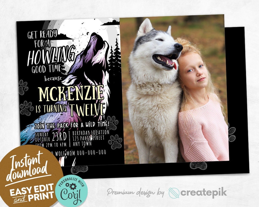Howling Wolf Birthday Invitation With Photo, Printable Digital Editable ...