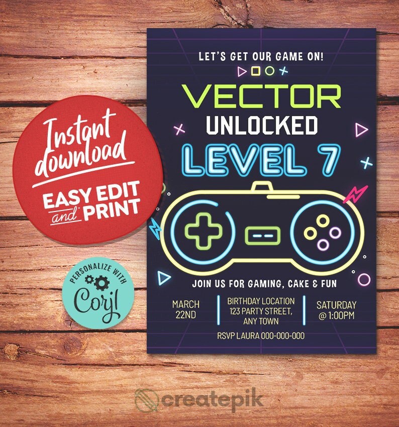 Video Game Level 7 Unlocked Birthday Invitation 7 Year Old Video Gamer ...