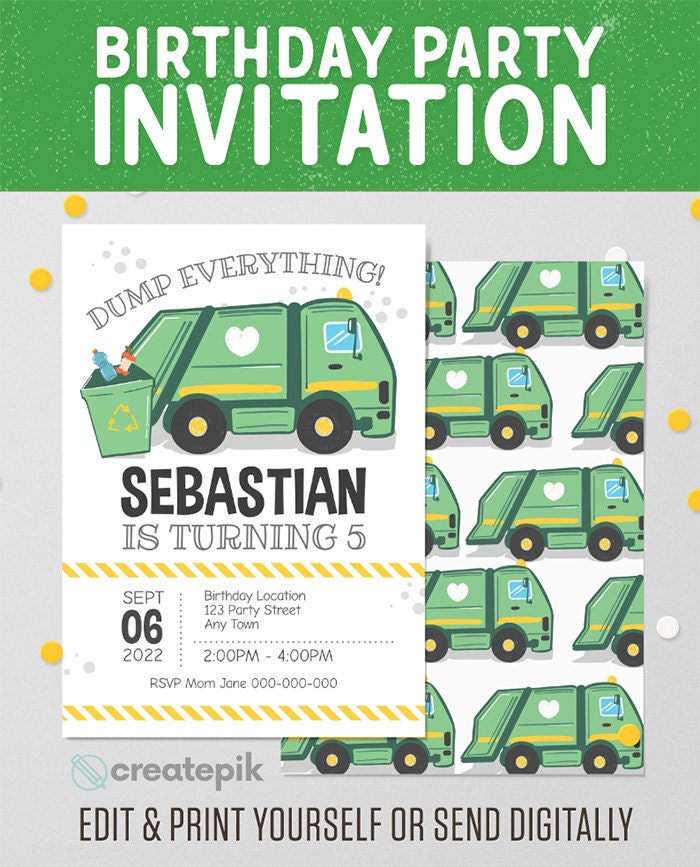 Garbage Truck Party Invite, Garbage Truck Birthday Invite, Trash Truck ...