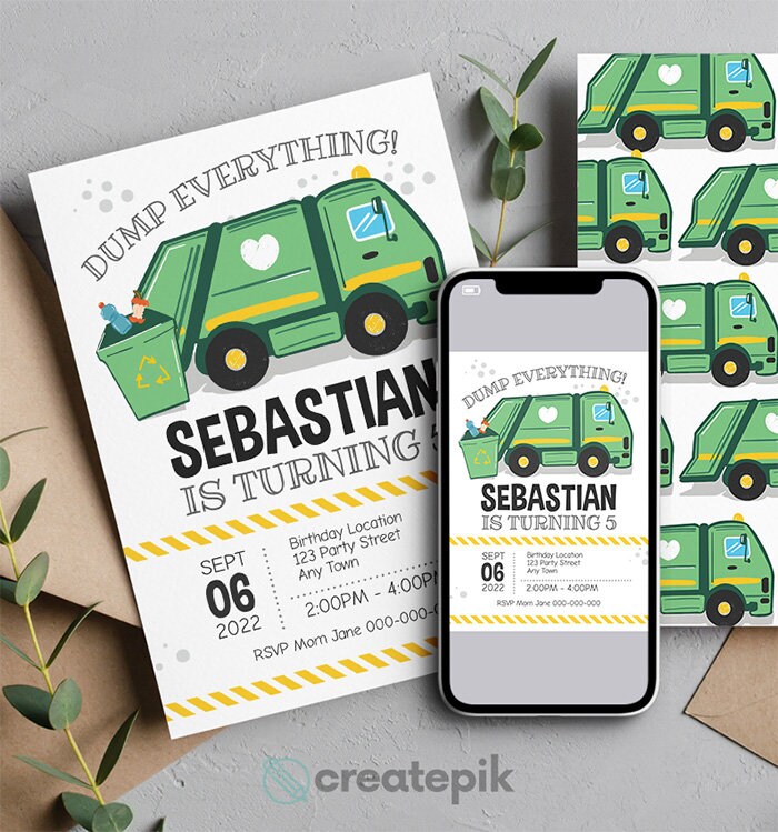 Garbage Truck Party Invite, Garbage Truck Birthday Invite, Trash Truck ...