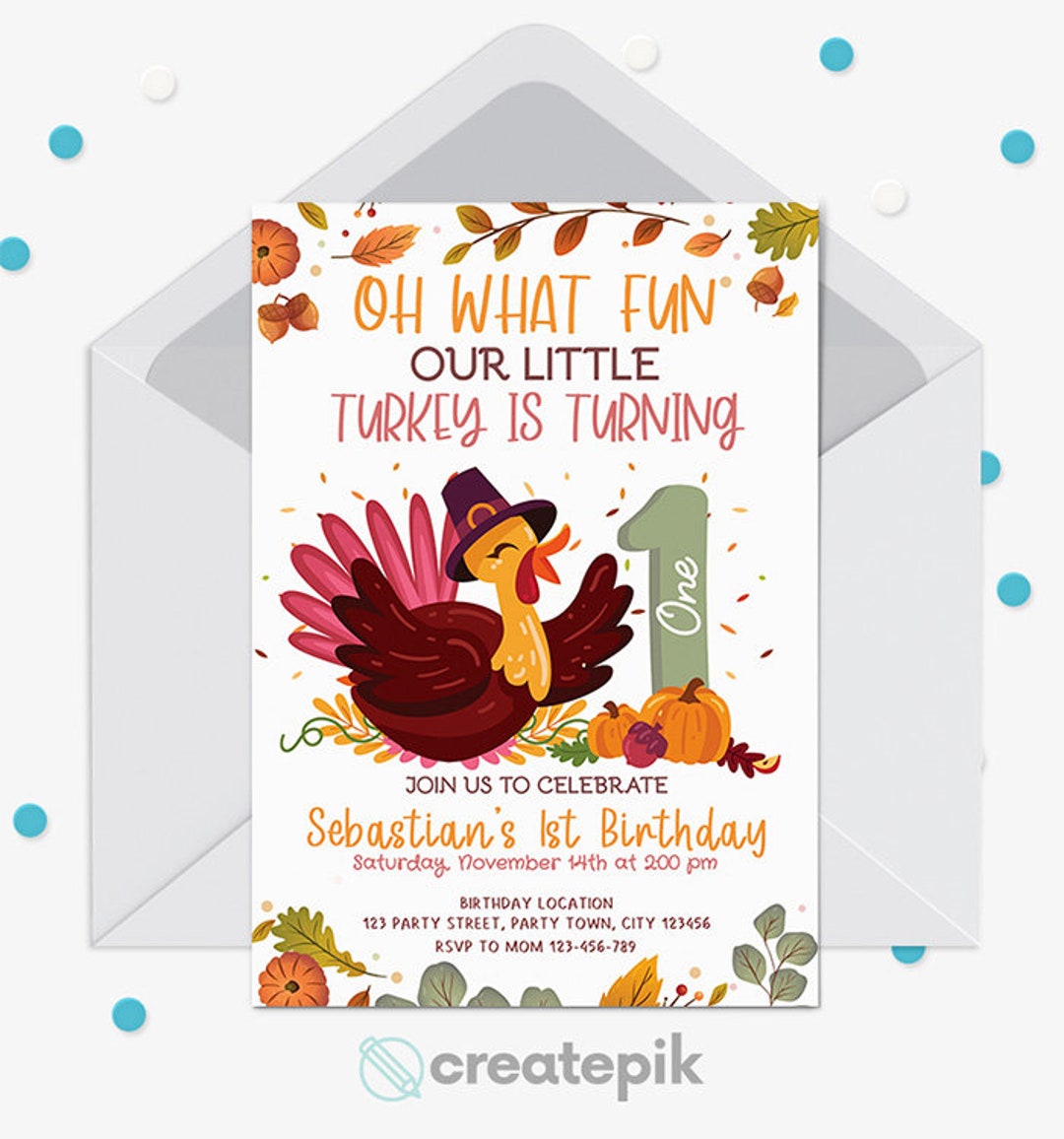 Turkey Birthday Invitation, Our Little Turkey is One, Thanksgiving ...