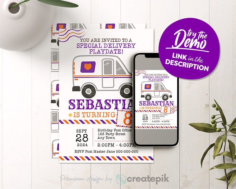 Editable Mail Truck Birthday Party Mailman Invitation Post Office Mail ...
