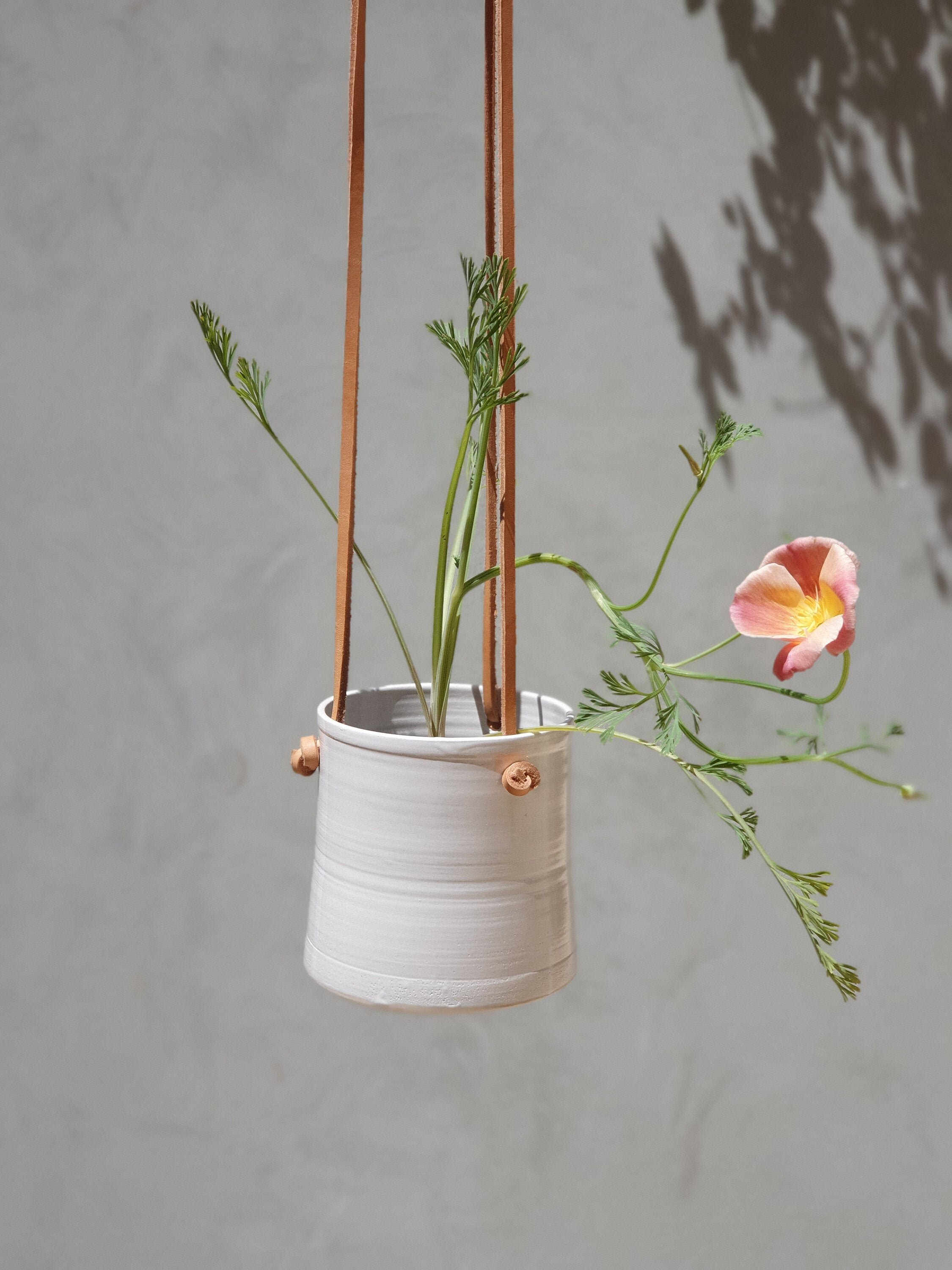 Handmade White Ceramic Hanging Planter With Brown Leather | Etsy