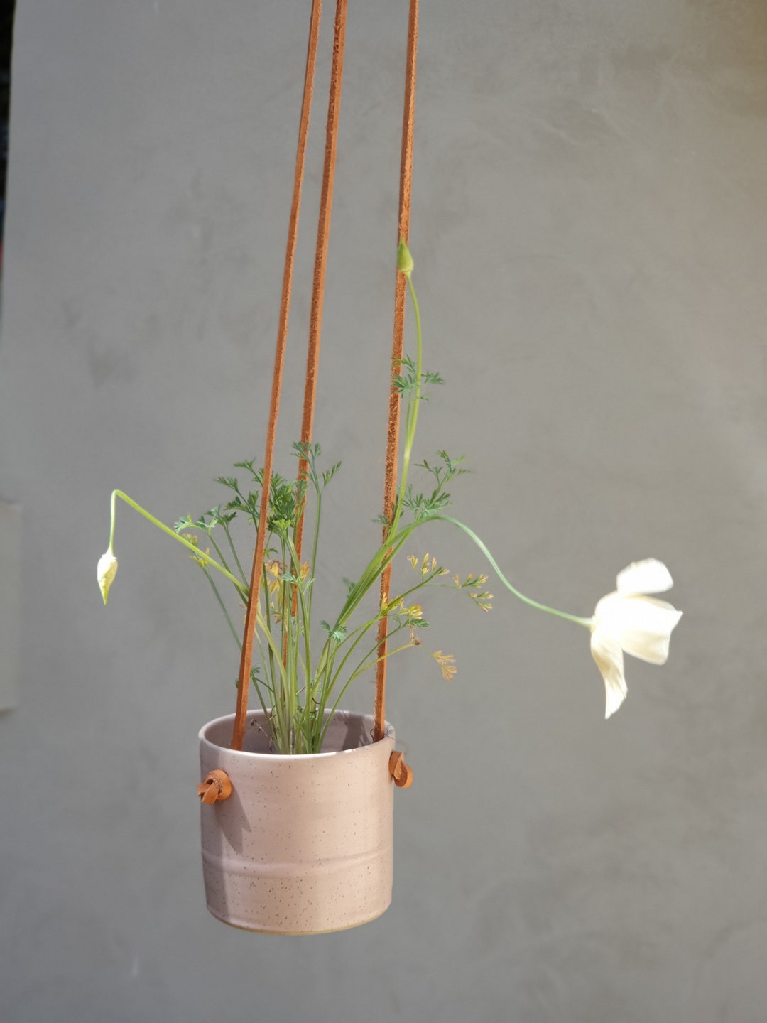 Pink Hanging Planter With Leather Straps, Nordic Ceramic Planter ...
