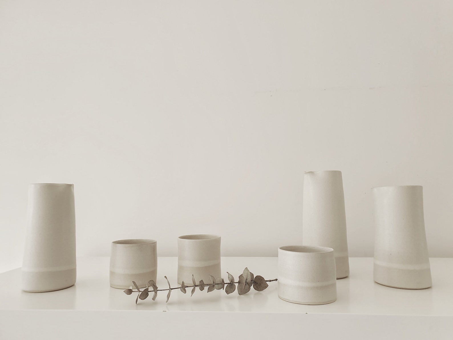 Set of Two Ceramic Cups and White Ceramic Cylinder Pitcher, Drinkware ...