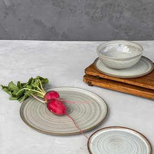 FOUR Piece Set of Gray Dinnerware, Main Course Plate, Salad Plate, Cake ...