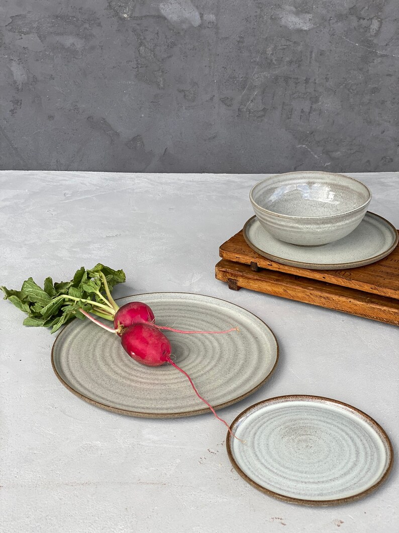 FOUR Piece Set of Gray Dinnerware, Main Course Plate, Salad Plate, Cake ...