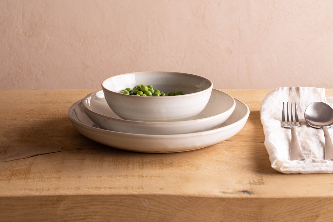 A Dinnerware Set of White Large Ceramic Handmade Dinner, Salad Plate ...