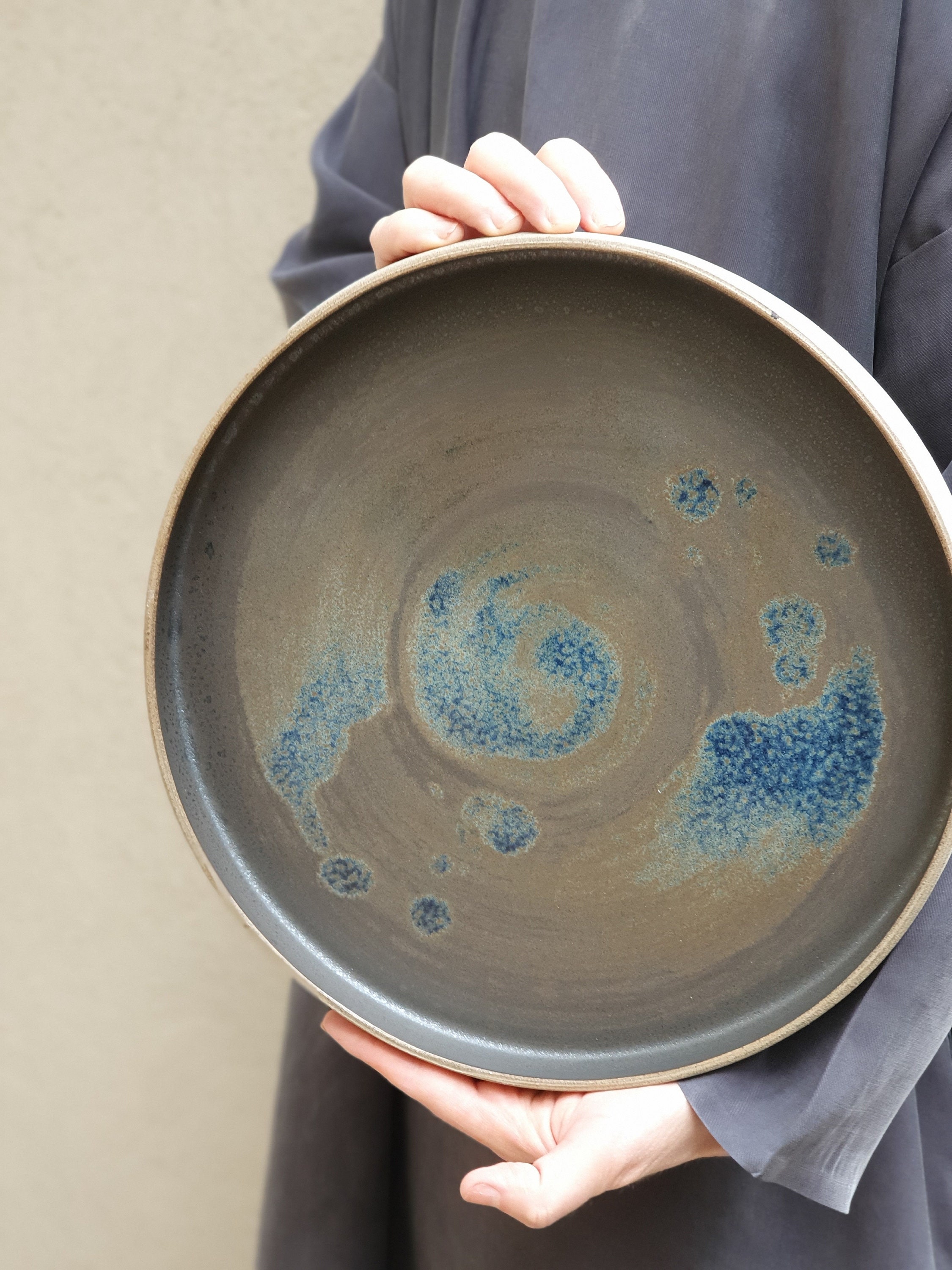 Handmade Pottery Flat Serving Dish, Ceramic Tray, Black and Brown ...