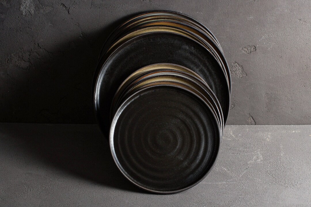 2 Black Dinnerware Set, TWO Large Ceramic Dinner Plate Set, Pottery ...
