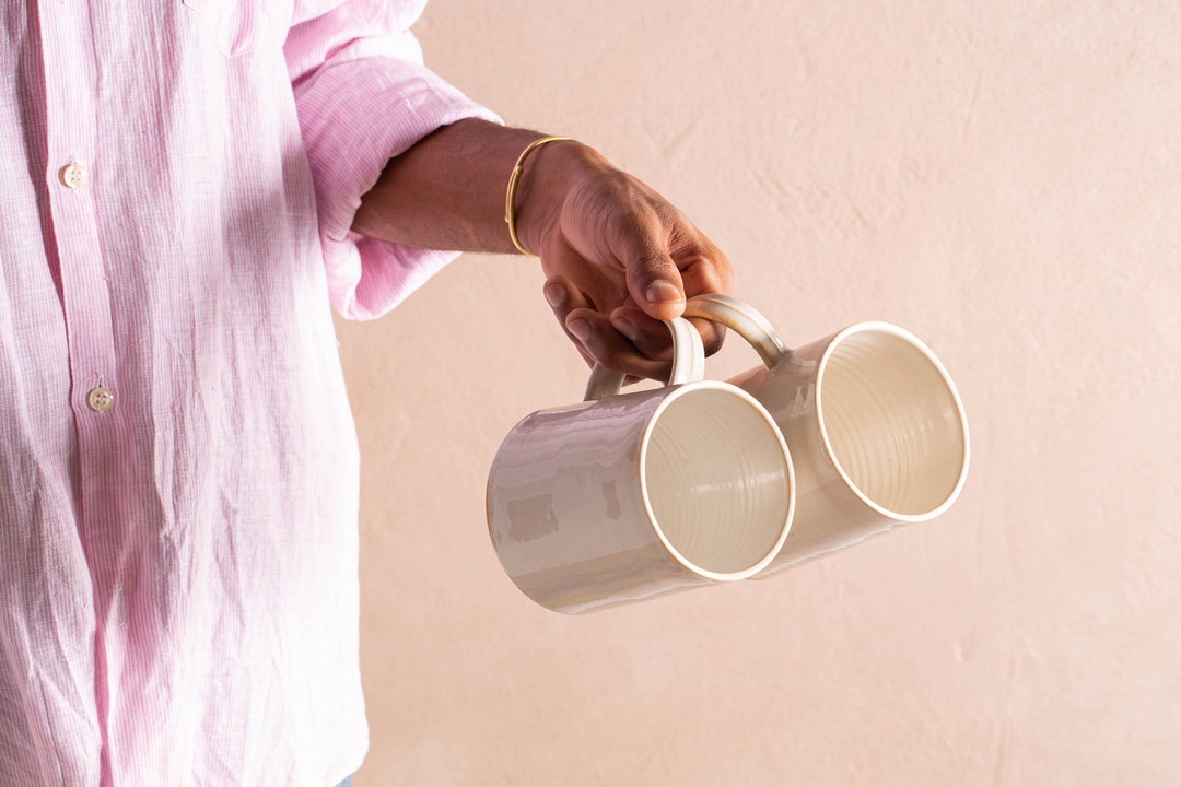Set of TWO XL Pearl White Ceramic Mugs, Handmade Large Pottery Coffee ...
