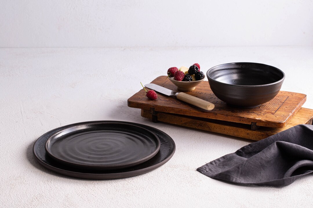 Black Dinnerware Set, Main Course Plates, Dinner Plates, Dessert Bowls ...