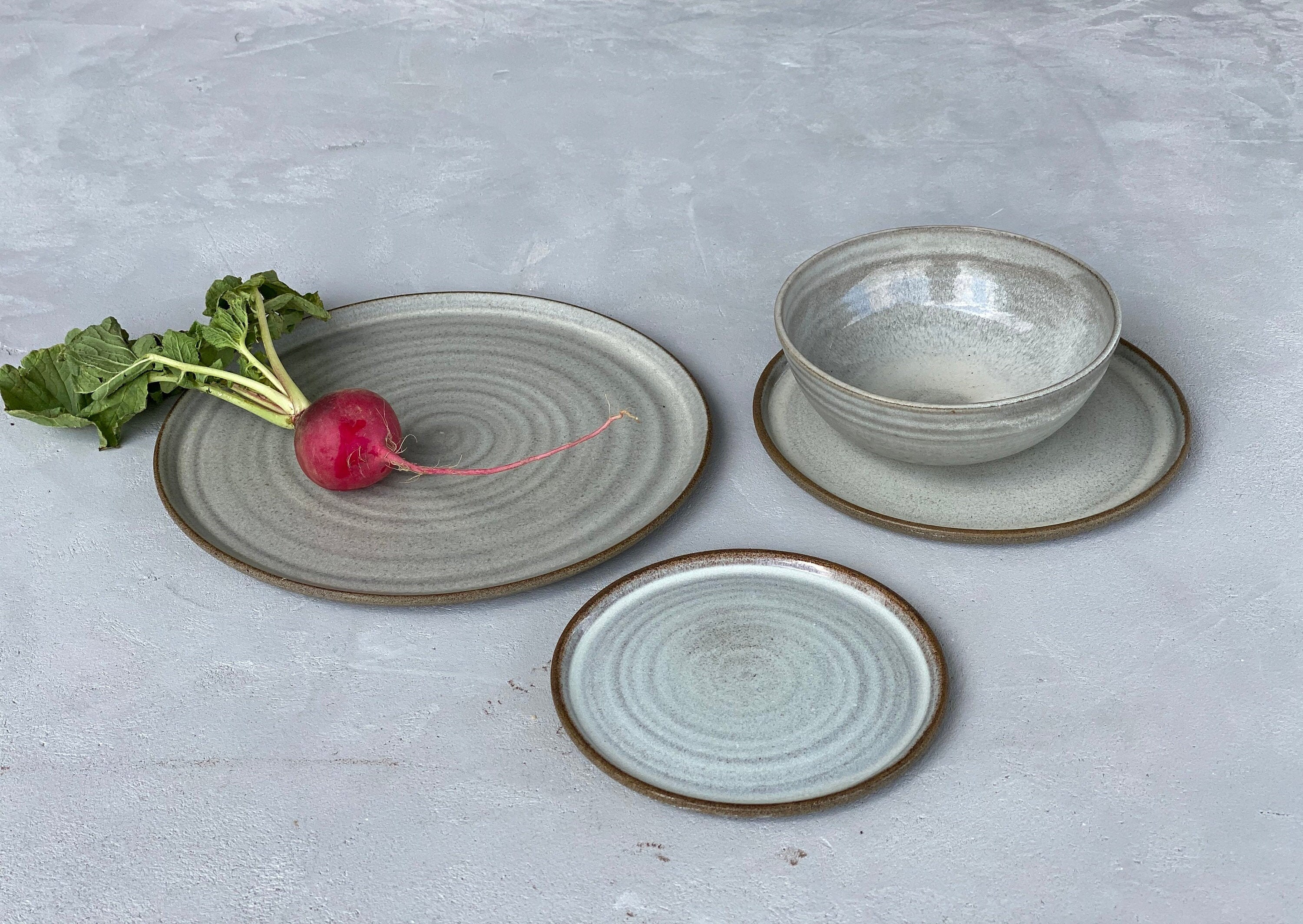 FOUR Piece Set of Gray Dinnerware, Main Course Plate, Salad Plate, Cake ...