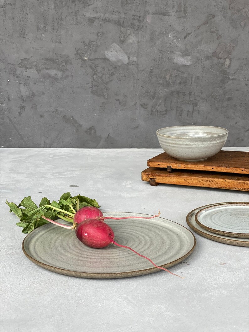 FOUR Piece Set of Gray Dinnerware, Main Course Plate, Salad Plate, Cake ...