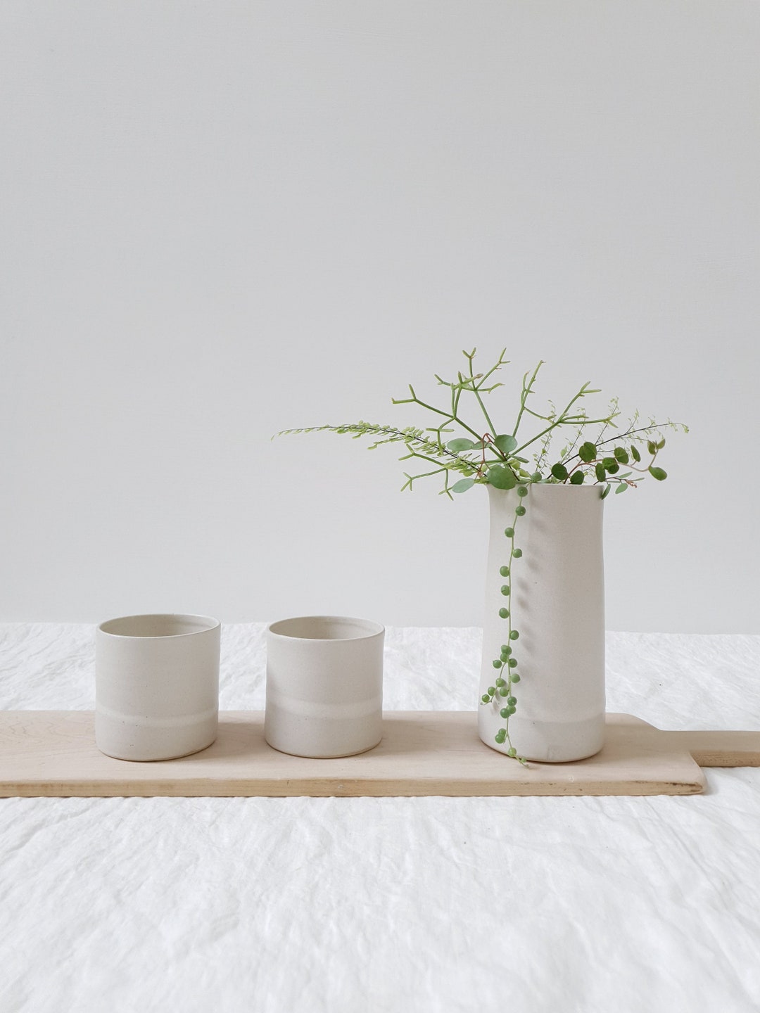 Set of Two Ceramic Cups and White Ceramic Cylinder Pitcher, Drinkware ...