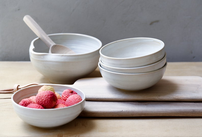 Handmade Medium / Large White Ceramic Mixing Bowl, Glossy Pearl White ...